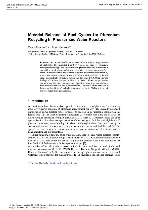 (PDF) Material Balance of Fuel Cycles for Plutonium Recycling in ...
