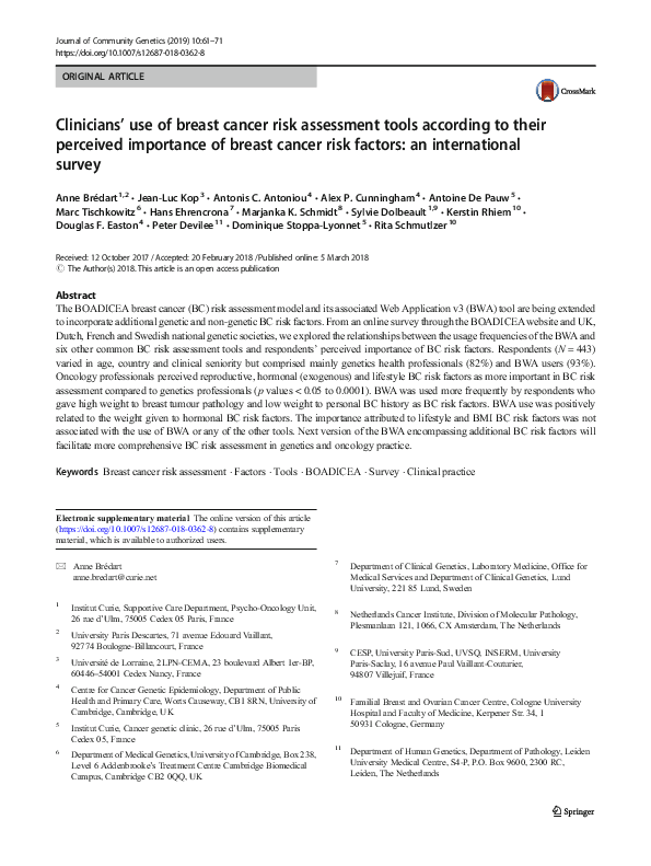 (PDF) Clinicians’ use of breast cancer risk assessment tools according ...