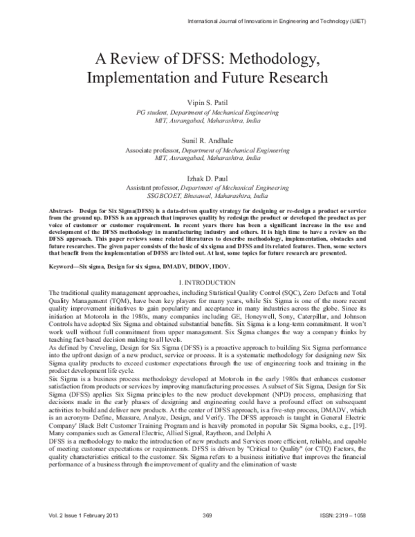 (PDF) A Review of DFSS: Methodology, Implementation and Future Research