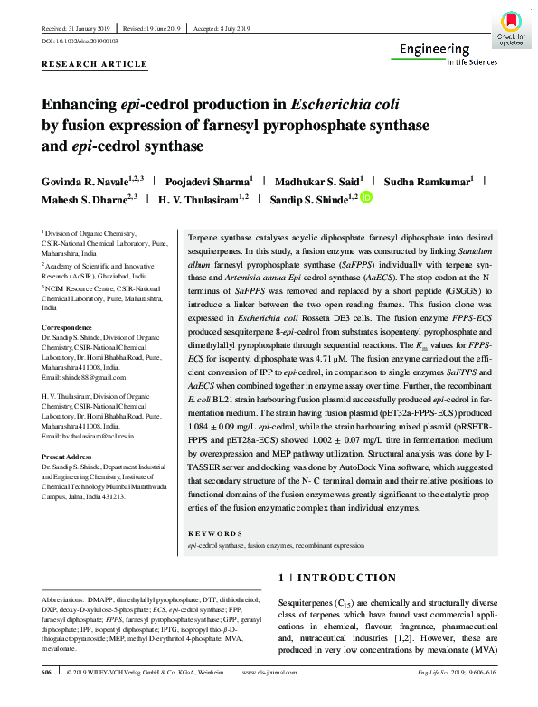 (PDF) Enhancing epi ‐cedrol production in Escherichia coli by fusion ...