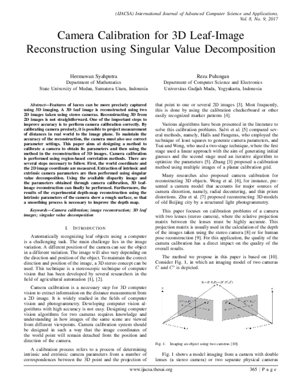 (PDF) Camera Calibration for 3D Leaf-Image Reconstruction using Singular Value Decomposition