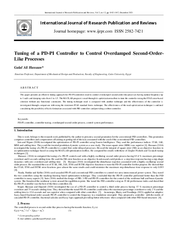(PDF) Tuning of a PD-PI Controller to Control Overdamped Second-OrderLike Processes