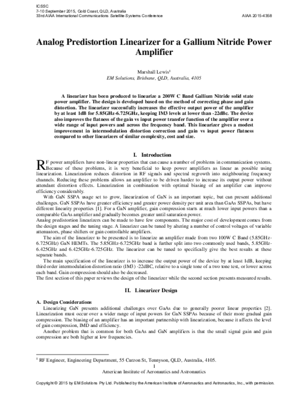 (PDF) Analog Predistortion Linearizer for a Gallium Nitride Power Amplifier