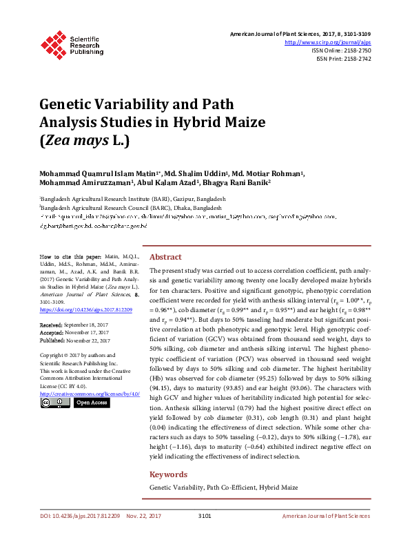 (PDF) Genetic Variability and Path Analysis Studies in Hybrid Maize (Zea mays L.)