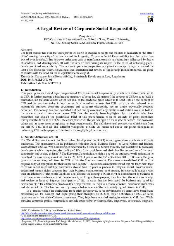 (PDF) A Legal Review of Corporate Social Responsibility