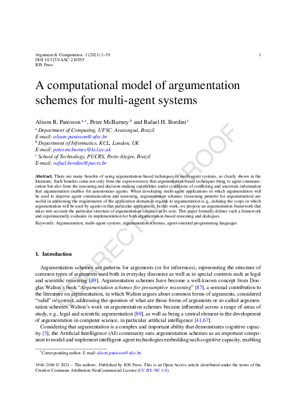 Pdf A Computational Model Of Argumentation Schemes For Multi Agent Systems