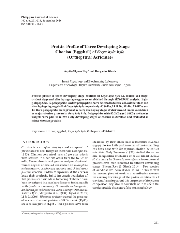 (PDF) Protein Profile of Three Developing Stage Chorion (Eggshell) of ...