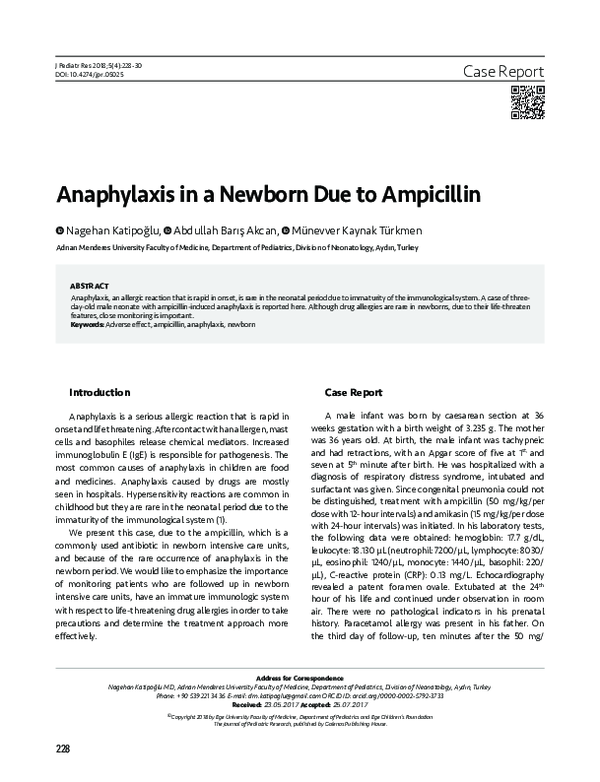 (PDF) Anaphylaxis in a Newborn Due to Ampicillin