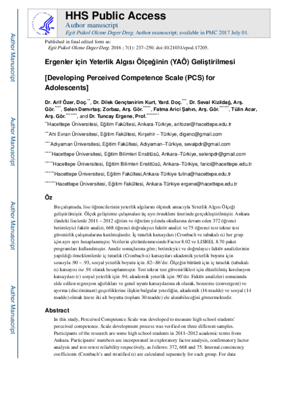 (PDF) Ergenler için Yeterlik Algisi Ölçeğinin (YAÖ) Geliştirilmesi ...