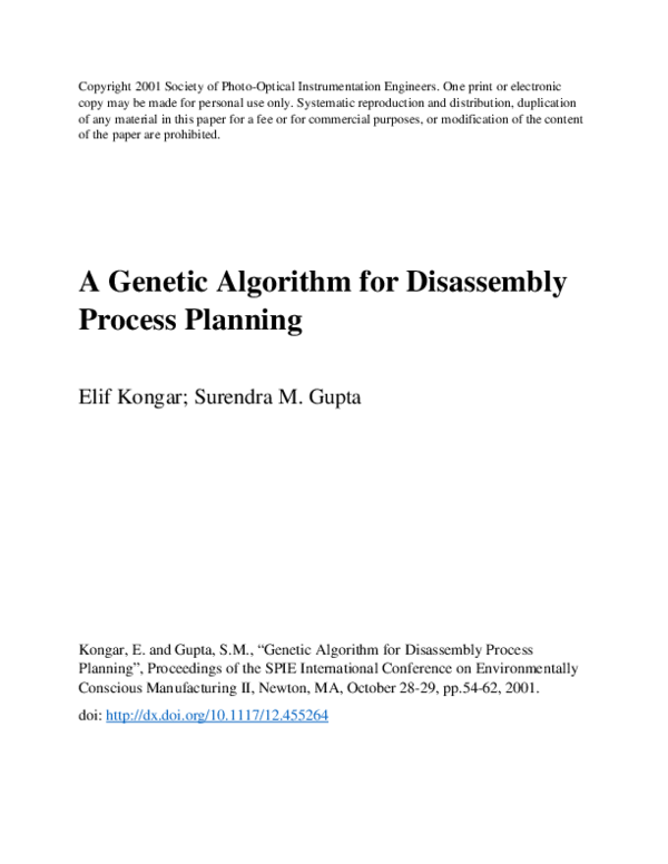(PDF) Genetic algorithm for disassembly process planning