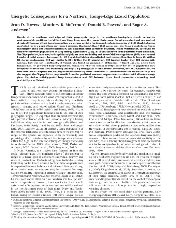 (PDF) Energetic Consequences for a Northern, Range-Edge Lizard Population
