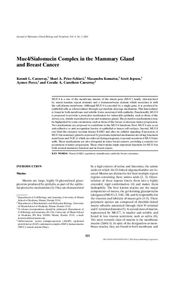 (PDF) Muc4/Sialomucin Complex in the Mammary Gland and Breast Cancer