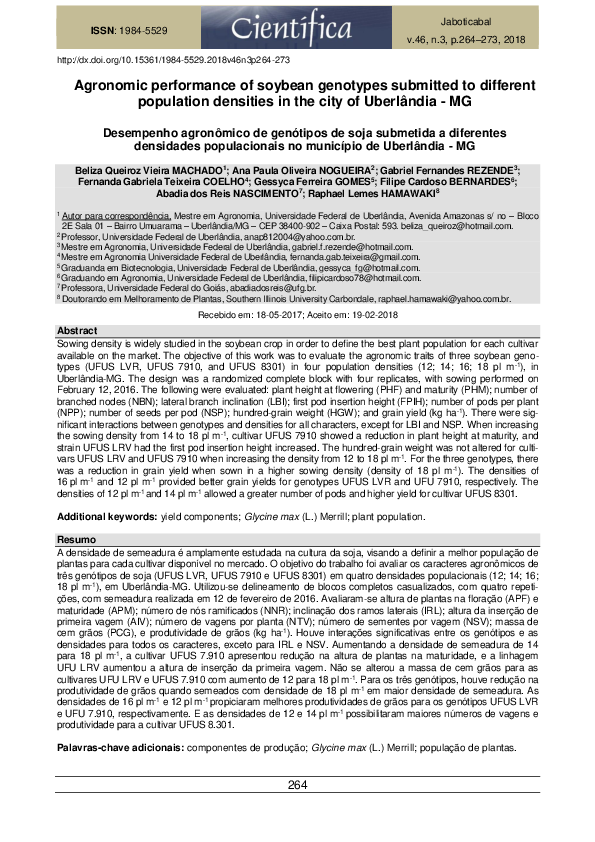 (PDF) Agronomic performance of soybean genotypes submitted to different population densities in ...