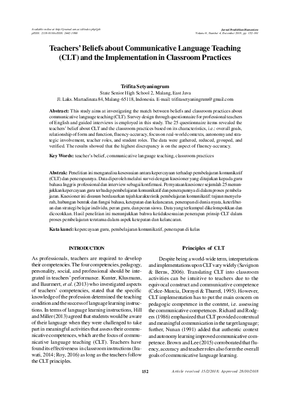 (PDF) Teachers’ Beliefs about Communicative Language Teaching (CLT) and the Implementation in ...