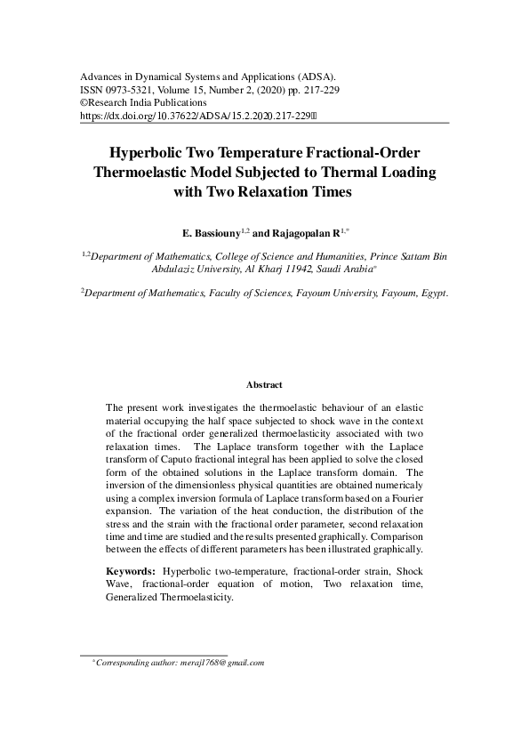 Pdf Hyperbolic Two Temperature Fractional Order Thermoelastic Model