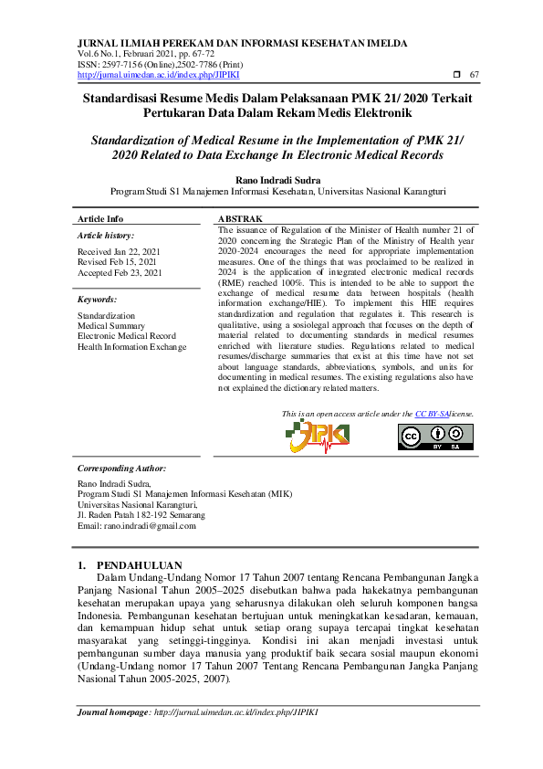 (PDF) Standardisasi Resume Medis Dalam Pelaksanaan PMK 21/ 2020 Terkait ...