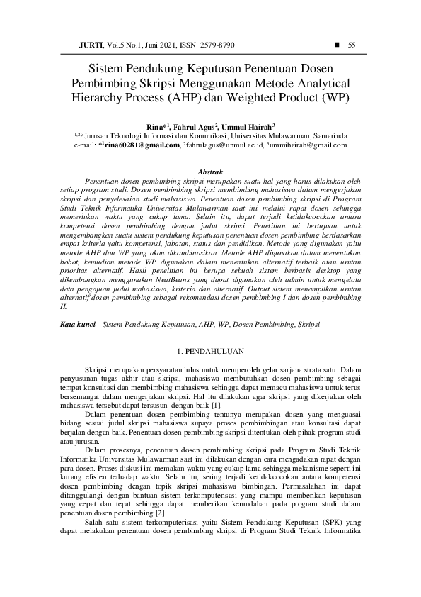 (PDF) Sistem Pendukung Keputusan Penentuan Dosen Pembimbing Skripsi Menggunakan Metode ...