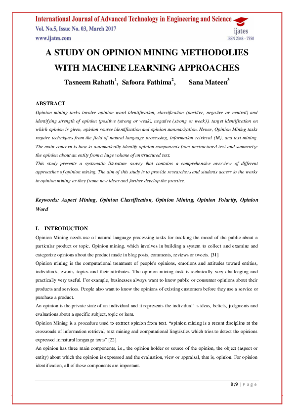 (PDF) A Study on Opinion Mining Methodolies with Machine Learning Approaches