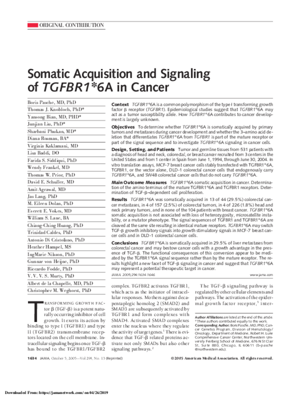 (PDF) Somatic Acquisition and Signaling of TGFBR1 *6A in Cancer | Chiang-Ching Huang - Academia.edu
