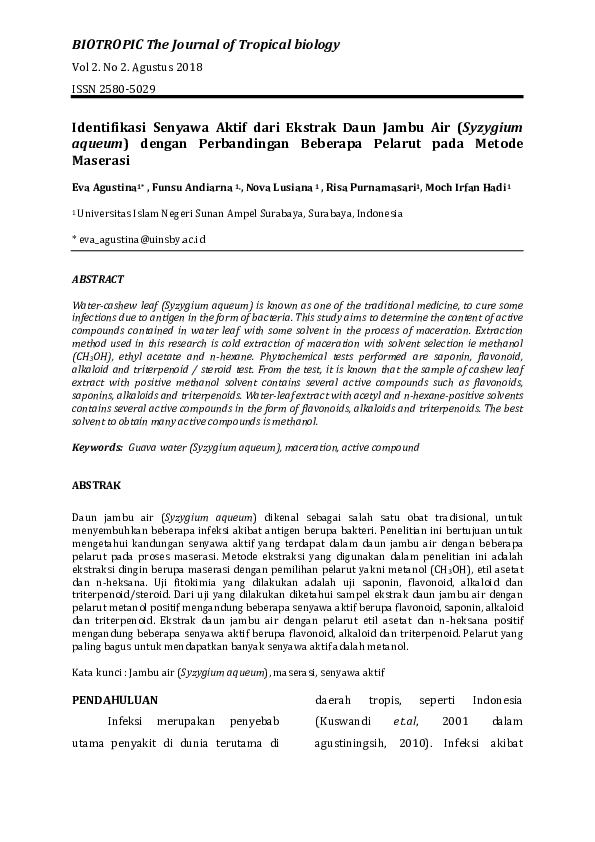 (PDF) Identifikasi Senyawa Aktif dari Ekstrak Daun Jambu Air (Syzygium aqueum) dengan ...