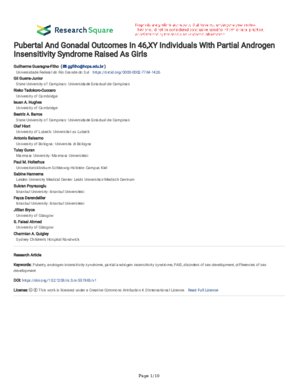 (PDF) Pubertal And Gonadal Outcomes In 46,XY Individuals With Partial ...