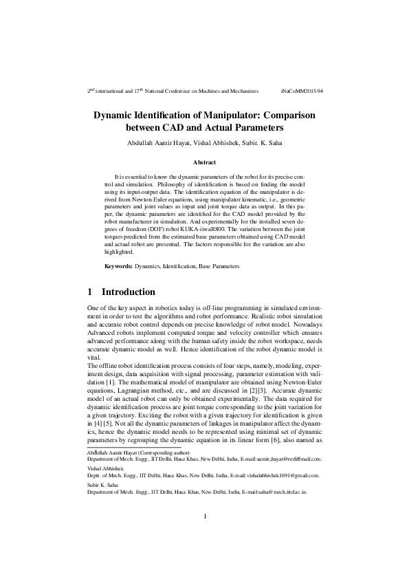 (PDF) Dynamic Identification of Manipulator : Comparison between CAD and Actual Parameters