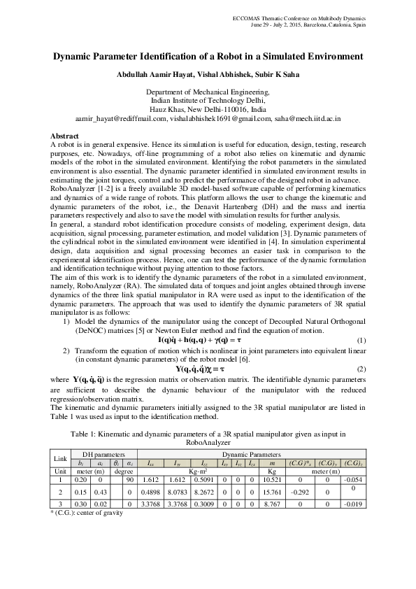 Pdf Dynamic Parameter Identification Of A Robot In A Simulated Environment
