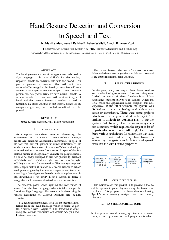 (PDF) Hand Gesture Detection and Conversion to Speech and Text