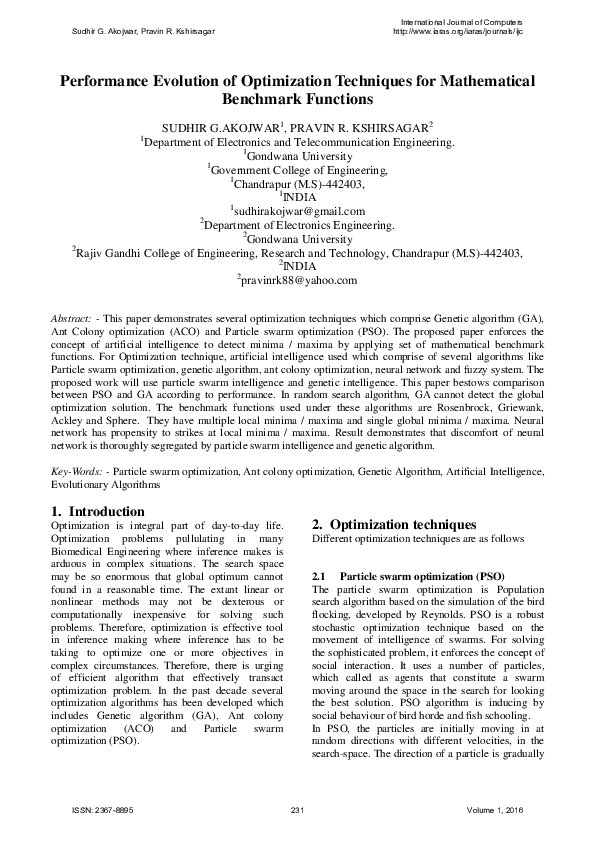 (PDF) Performance Evolution of Optimization Techniques for Mathematical Benchmark Functions