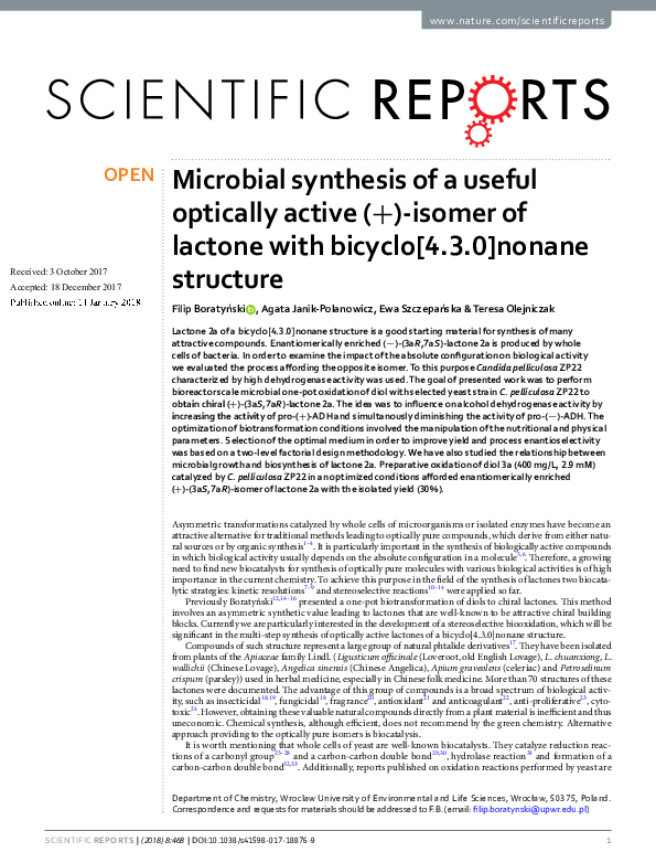 (PDF) Microbial synthesis of a useful optically active (+)-isomer of lactone with bicyclo[4.3.0 ...