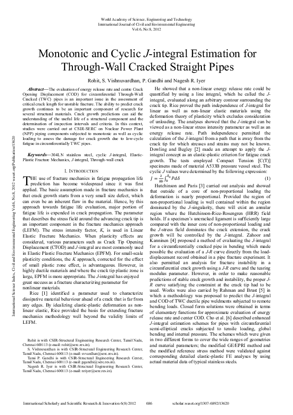 (PDF) Monotonic And Cyclic J-Integral Estimation For Through-Wall Cracked Straight Pipes