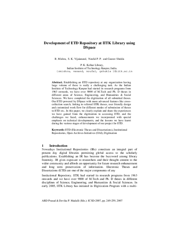 (PDF) Development of ETD Repository at IITK Library using DSpace