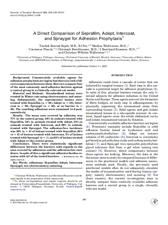 (PDF) A Direct Comparison of Seprafilm, Adept, Intercoat, and Spraygel ...