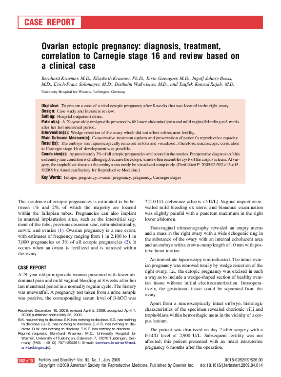 (PDF) Ovarian ectopic pregnancy: diagnosis, treatment, correlation to ...