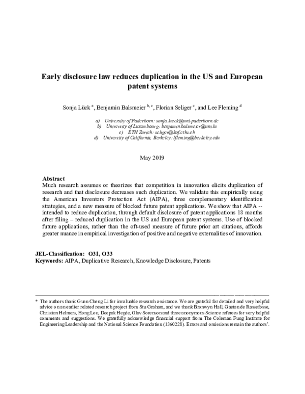 (PDF) Early disclosure law reduces duplication in the US and European ...