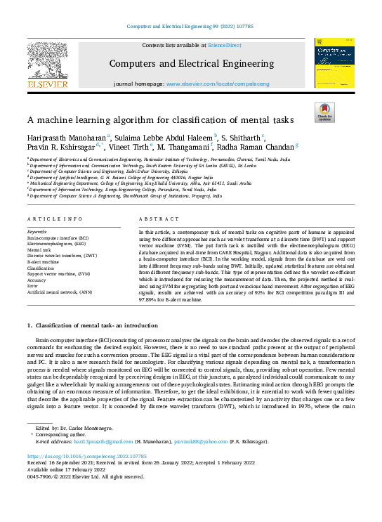 Pdf A Machine Learning Algorithm For Classification Of Mental Tasks