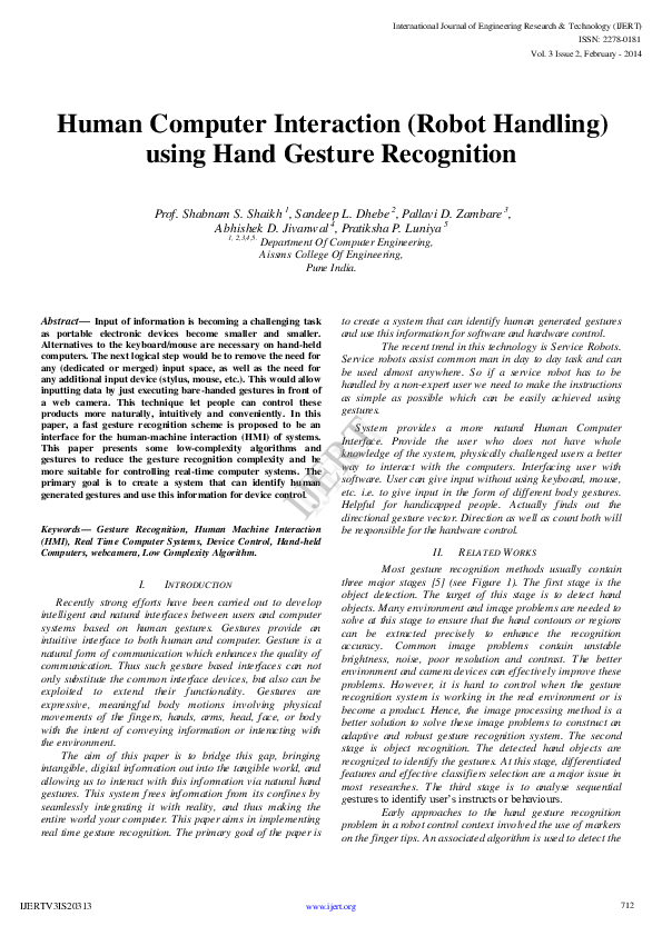 (PDF) Human Computer Interaction (Robot Handling) using Hand Gesture ...