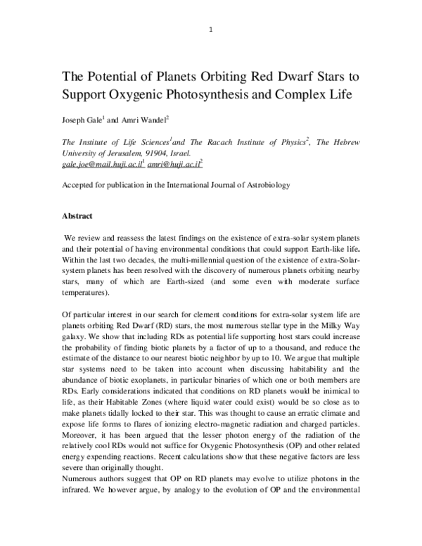 (PDF) The potential of planets orbiting red dwarf stars to support ...