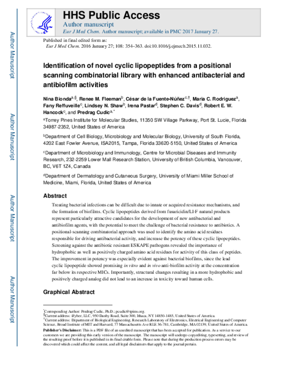 (PDF) Novel Cyclic Lipopeptides with Anti-Biofilm Activity