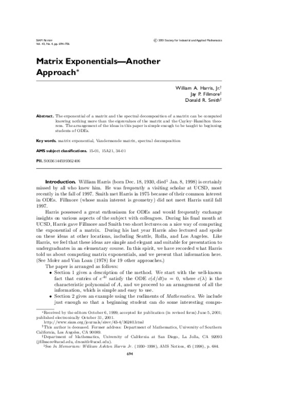 (PDF) Matrix Exponentials: Another Approach