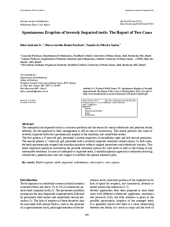 (PDF) Spontaneous Eruption of Severely Impacted teeth: The Report of ...
