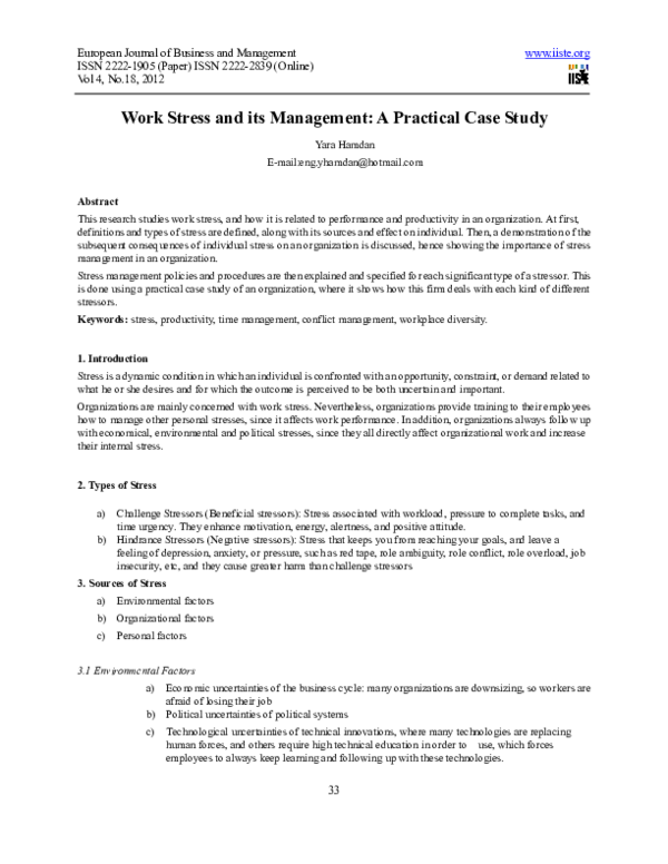 (PDF) Work Stress and its Management: A Practical Case Study