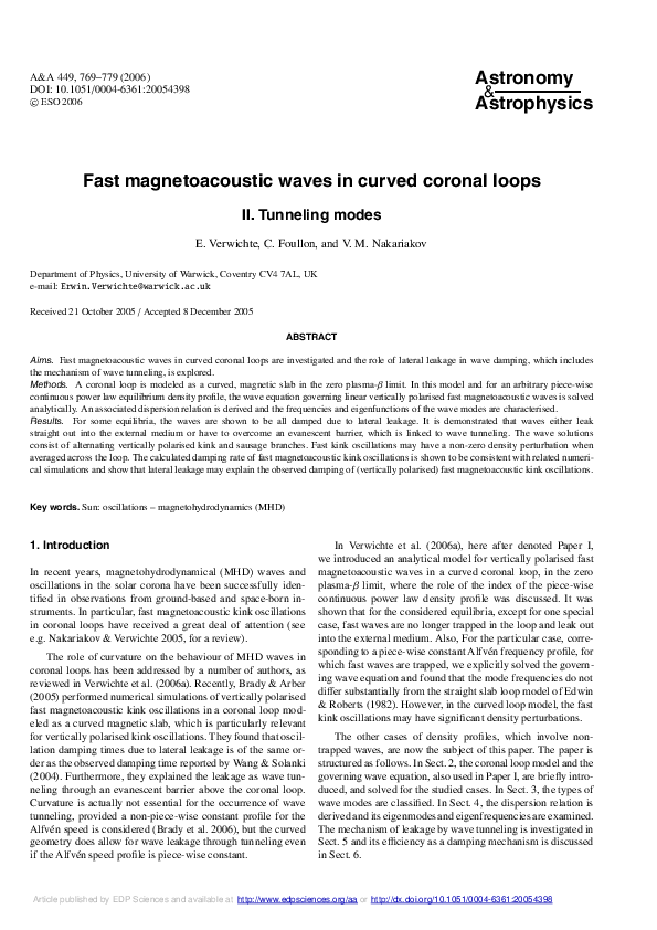(PDF) Fast magnetoacoustic waves in curved coronal loops