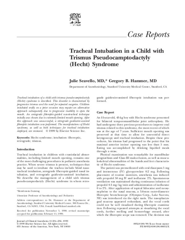 (PDF) Tracheal intubation in a child with trismus pseudocamptodactyly ...