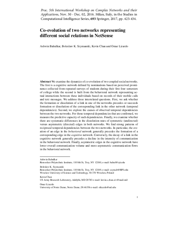 (PDF) Co-evolution of two networks representing different social ...