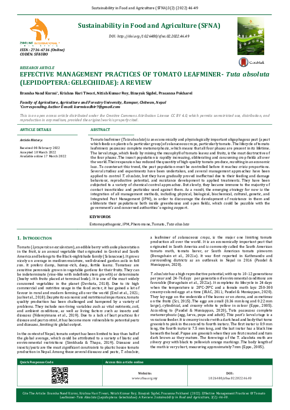 (PDF) EFFECTIVE MANAGEMENT PRACTICES OF TOMATO LEAFMINER- Tuta absoluta (LEPIDOPTERA ...