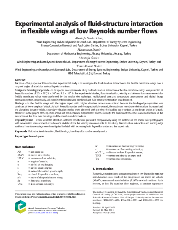 (PDF) Experimental analysis of fluid-structure interaction in flexible wings at low Reynolds ...
