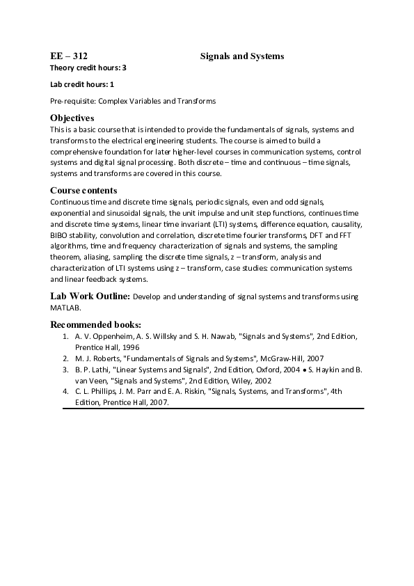 (DOC) Signal and System course outline by HU under HEC