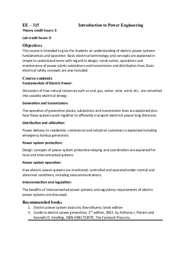 (DOC) Introduction to Power Engineering course outline by HU under HEC