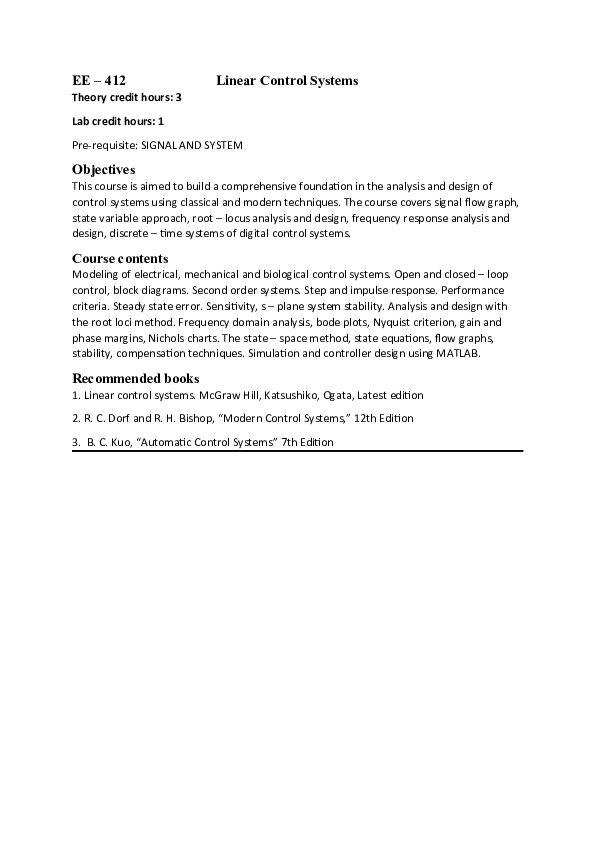 (DOC) Linear Control Systems course outline by HU under HEC